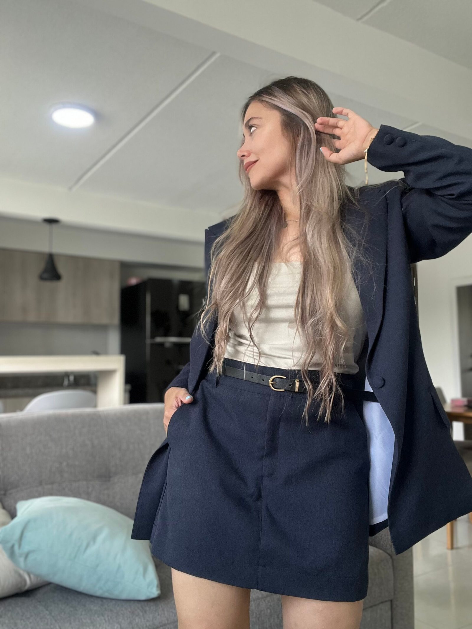 Ref. 090:Chaleco Corto y pantalon clasico con prenses-Gris Rayas – Vioka